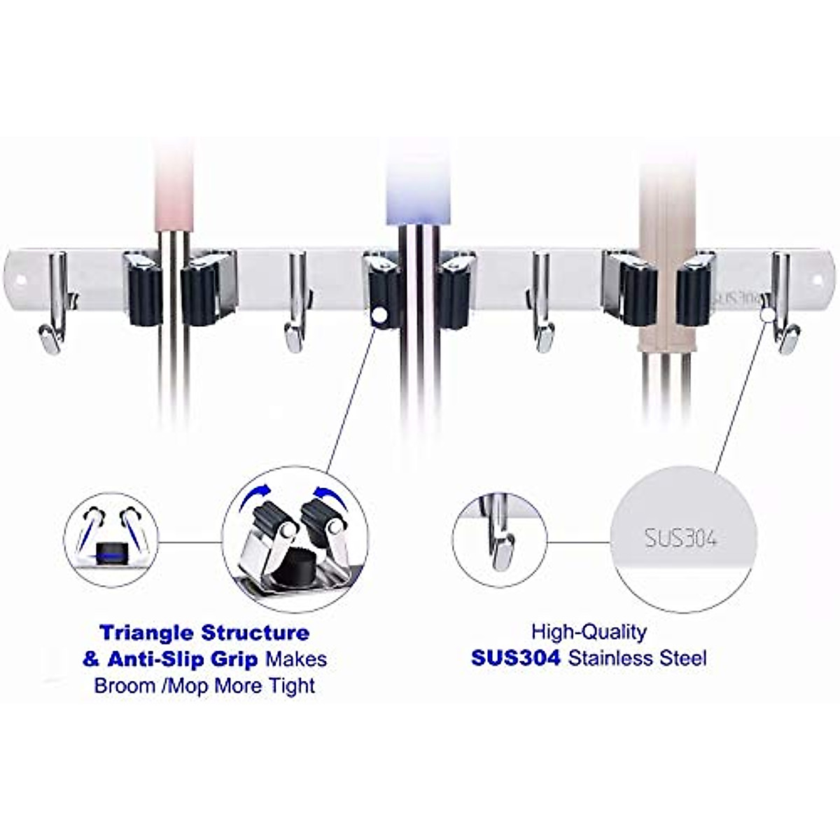 ANDERZS Broom Holder Wall Mount，Latest Upgrade Stainless Steel Holder Wall Mounted Heavy Duty Broom Mop Hanger， for Kitchen Bathroom Garage Organizer Closet Office and Garden,White