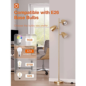 addlon Tree Floor Lamp with 3 Adjustable Rotating Lights and Matching LED Bulbs, Standing Tall Pole Lamps for Living Room, Bedroom, Home, Office - Brass Gold