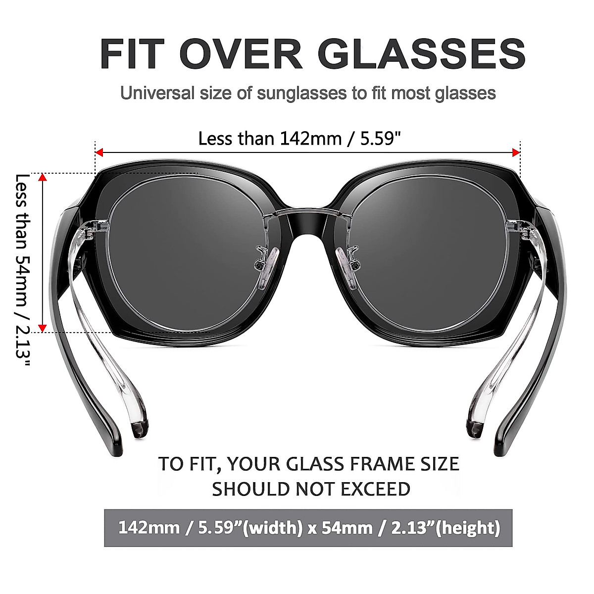 Paukis Over Glasses Sunglasses for Women, Square Oversized Sun Glasses Cover Fit Over Glasses TR90 Black Frame, Polarized UV Protection