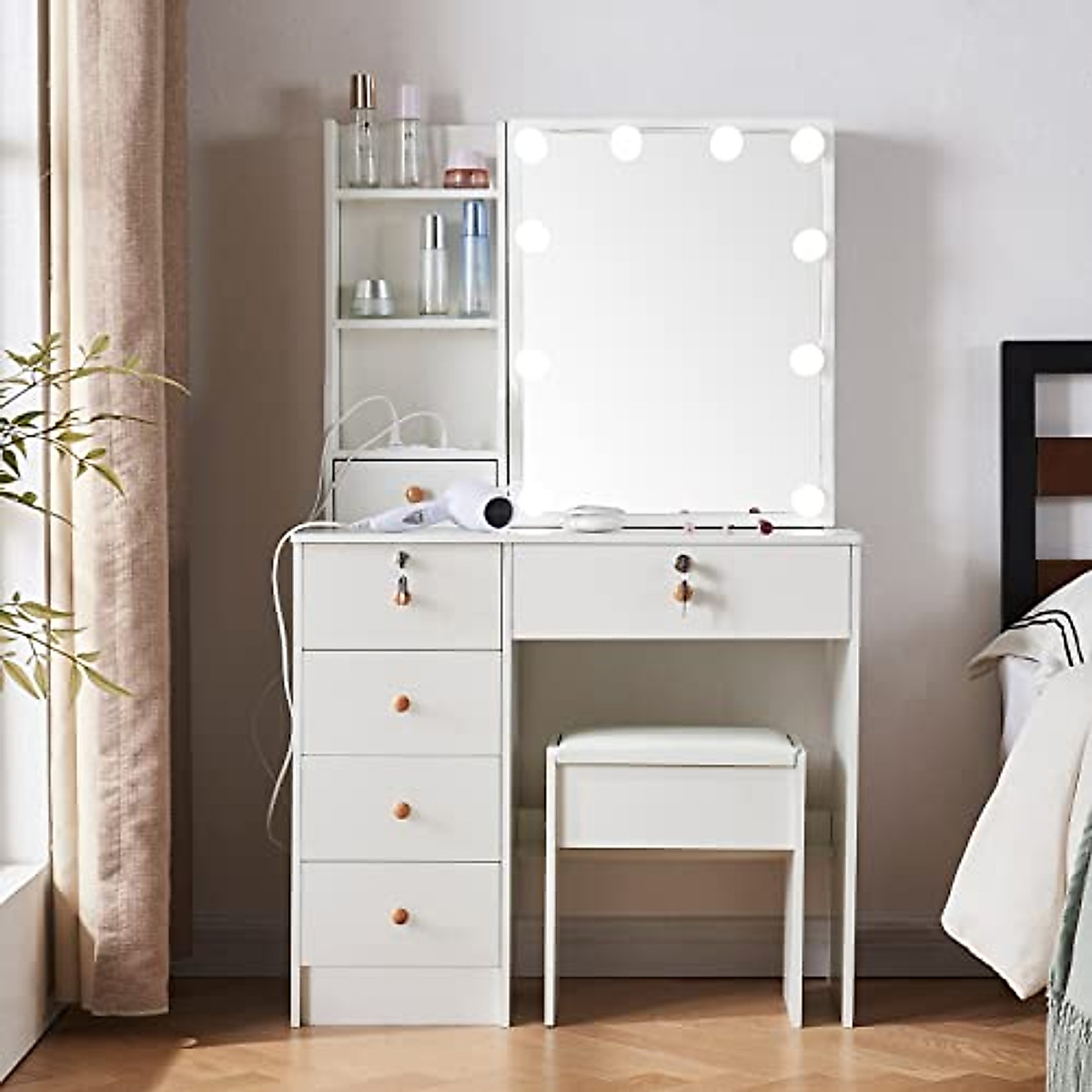 Jarbalai Vanity Desk with Mirror & Lights, Vanity Table with LED Lighted Mirror & Power Outlet, Vanity Set with Drawers and Cushioned Stool for Girls Bedroom, White