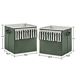 Sweet Jojo Designs Dark Green Boho Chic Foldable Fabric Storage Cube Bins Boxes Organizer Baby Solid Sage Hunter Ivory Bohemian Gender Neutral Linen Tassel Modern Farmhouse Designer Minimalist Set 2
