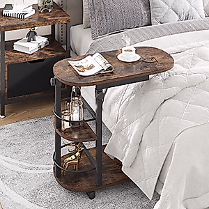 LITTLE TREE Side Height Adjustable C Table with Wheels, Black Rustic Brown