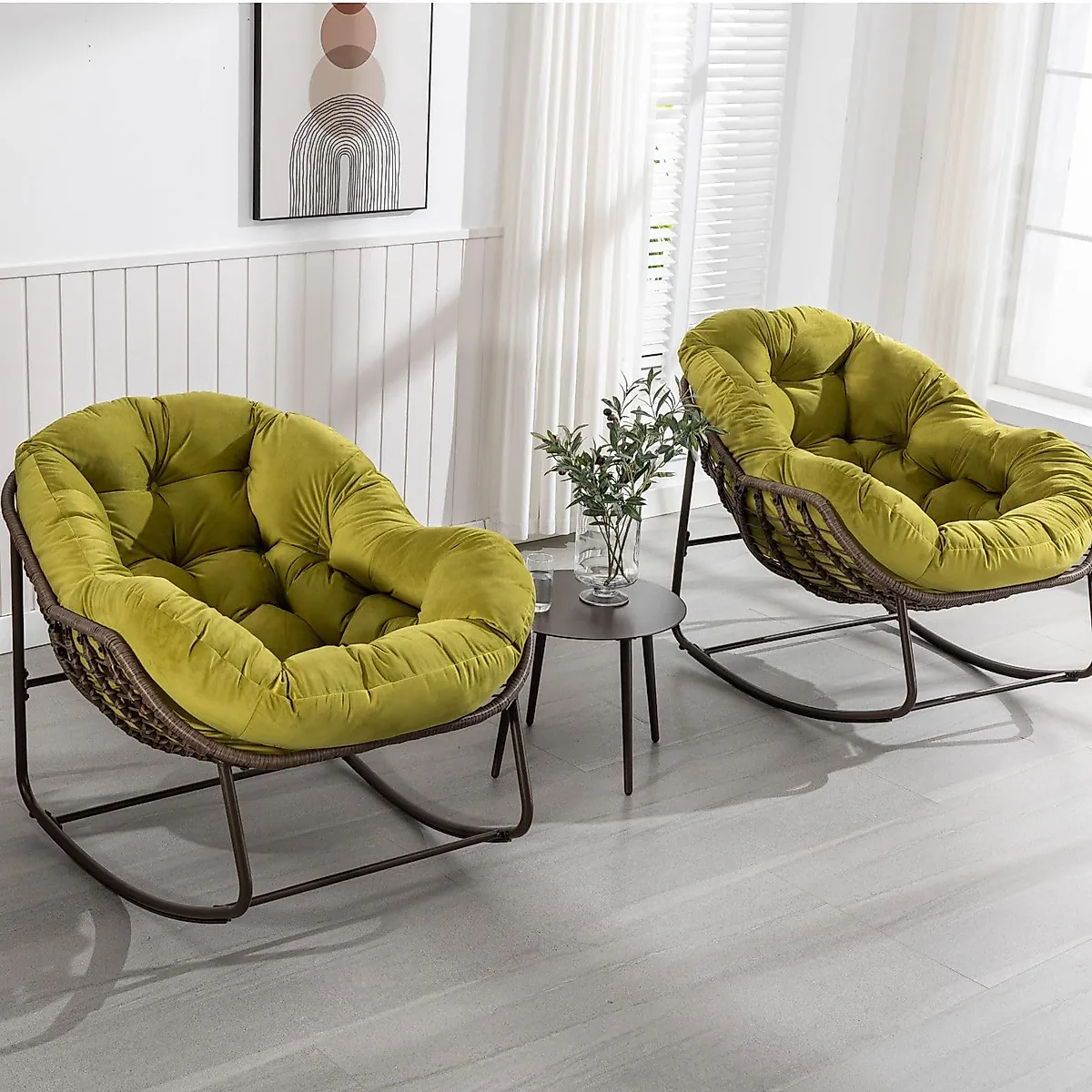 Luccalily Indoor & Outdoor Front Porch Rocking Cozy Chair Set of 2, Rattan Rocker Padded Cushion Recliner Outdoor for Patio, Yard, Garden, Living Room (Olive)