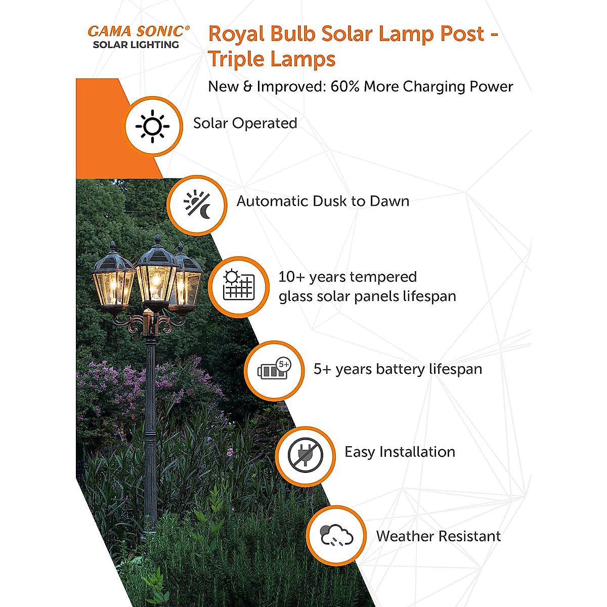 Gama Sonic Royal Bulb Solar Lamp Post Light Kit, 89 inch Tall, Outdoor Triple Head Weathered Bronze Cast Aluminum, Beveled Glass Post Lamp, Light Pole, Warm White Light 2700K 98B303 (Upgraded Panel)
