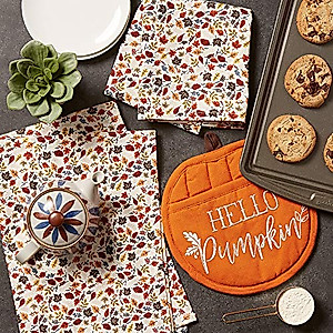 DII Fall Kitchen Décor Collection Dish Towel & Potholder Hostess Gift Set, Hello Pumpkin/Autumn Leaves, 3 Piece
