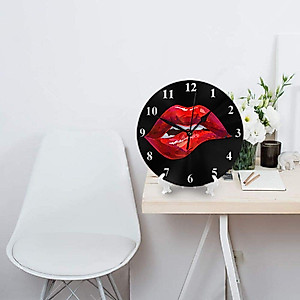HGOD DESIGNS Red Lips Round Wall Clock,Sexy Biting Lips Round Wall Clock Home Garden Wall Decorative for Bedroom Office School Art(10")