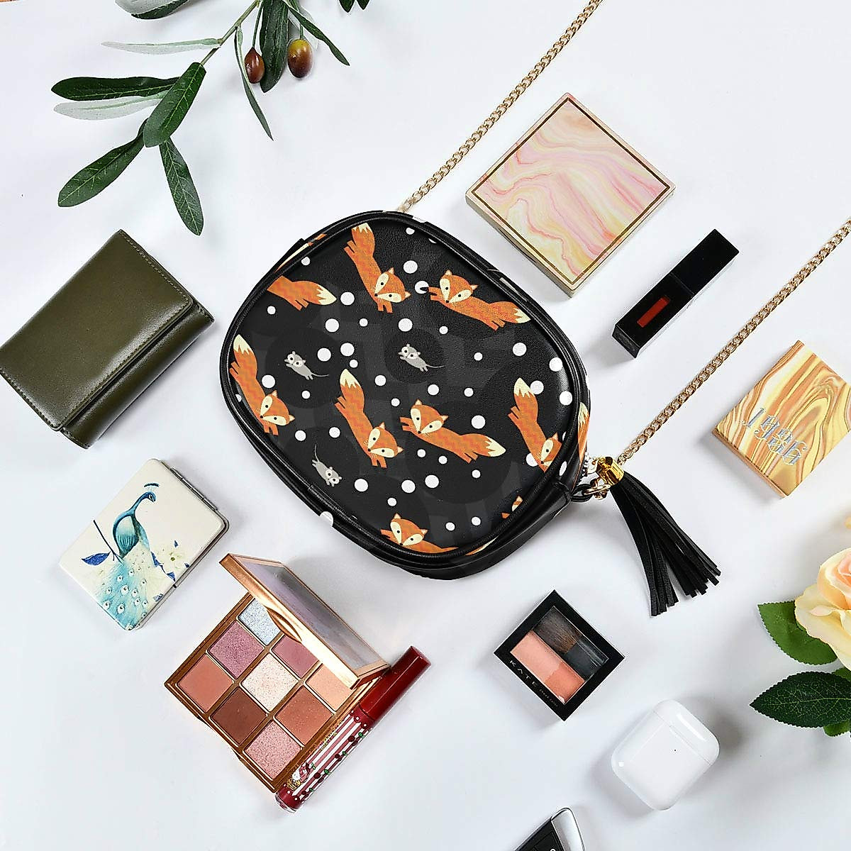 ALAZA PU Leather Small Crossbody Bag Purse Wallet Cute Forest Animals With Fox Cell Phone Bags with Adjustable Chain Strap & Multi Pocket