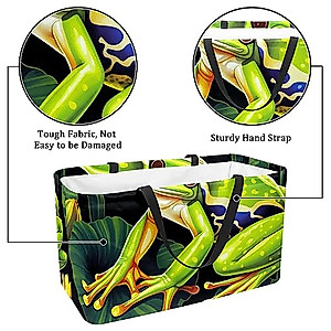 Reusable Grocery Bags Boxes Storage Basket, Red Eye Frog Pattern Collapsible Utility Tote Bags with Long Handle