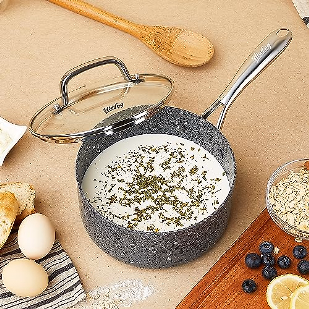 HLAFRG 1 Quart Small Sauce pan with Lid, Ultra Nonstick Sauce Pan with Lid, Small Pot with Lid, Granite Nonstick Saucepan 1 quart, Small Sauce Pot, 1 Qt Pot with Lid, Aluminum Small Pot 1 Quart