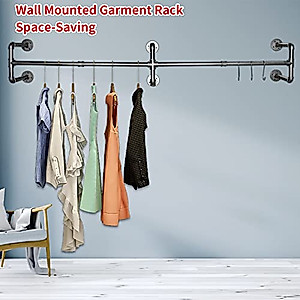 Rebala Industrial Pipe Clothing Rack 70.86" Length,Wall Mounted Clothes Rack,Max Load 132Lb Metal Commercial Garment Bar Space-Saving,Laundry Room Decor,Multi-Purpose Hanging