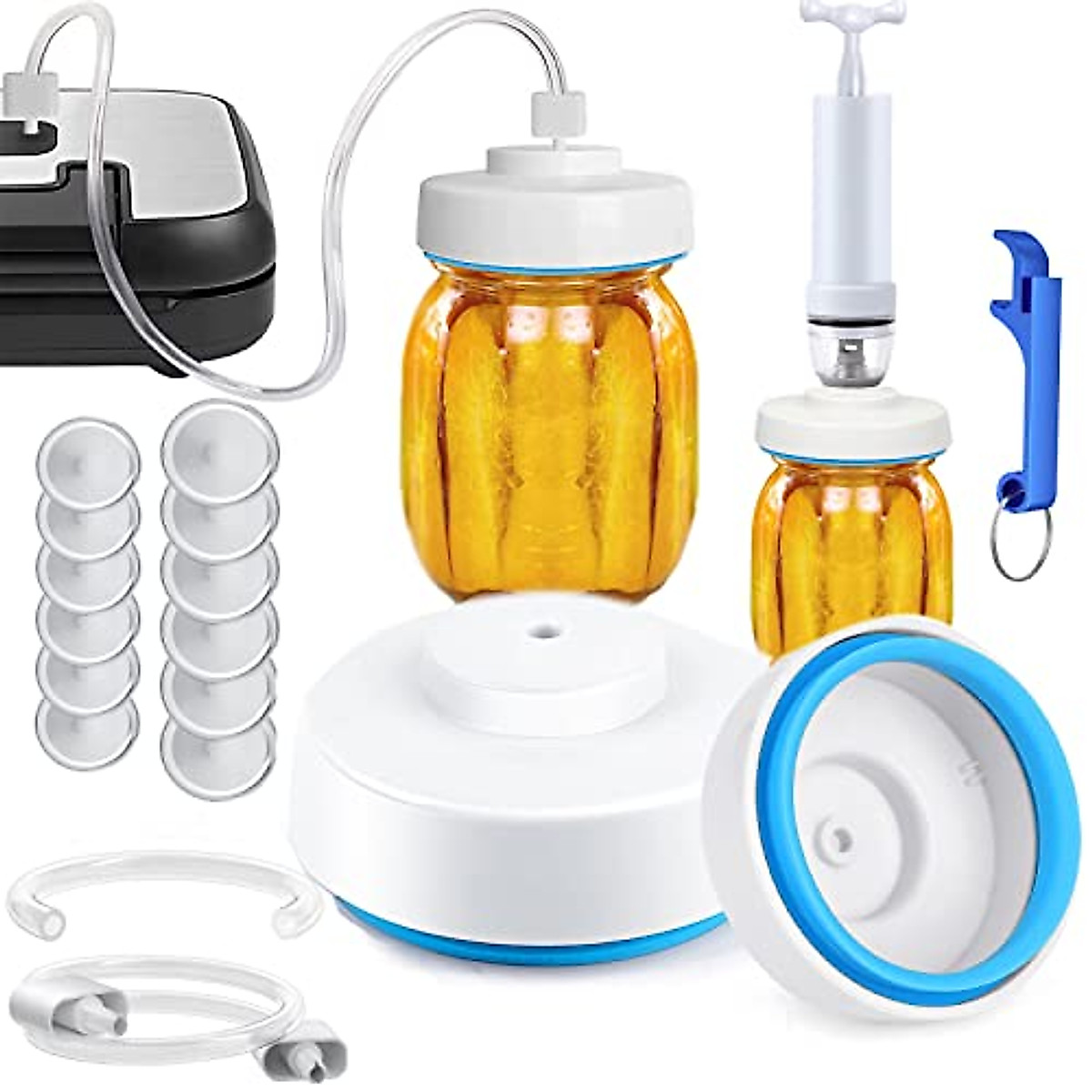 Jar Sealer and Accessory Hose Kit, 18Pcs Jar Sealing Kit for Regular and Wide Mouth Jars Compatible with FoodSaver Suction Port Vacuum Nozzle 5.5mm to 6mm(with Manual Portable Vacuum Pump)