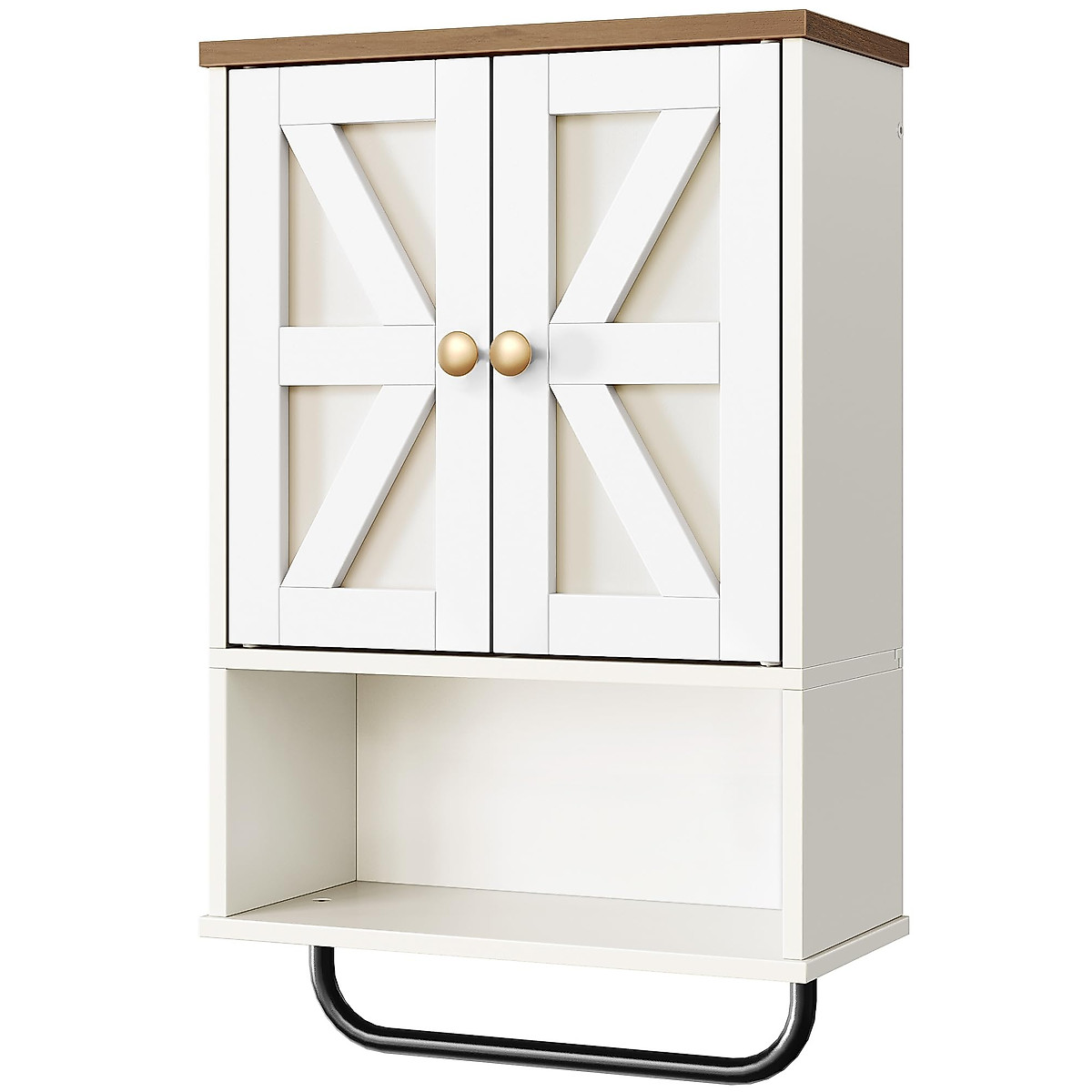 CHOEZON Bathroom Wall Cabinet, Medicine Cabinet with Open Partition and Towel Bar, Rustic Storage Cabinet with Open and Hidden Storage Space, for Bathroom, Living Room, Kitchen, White and Walnut