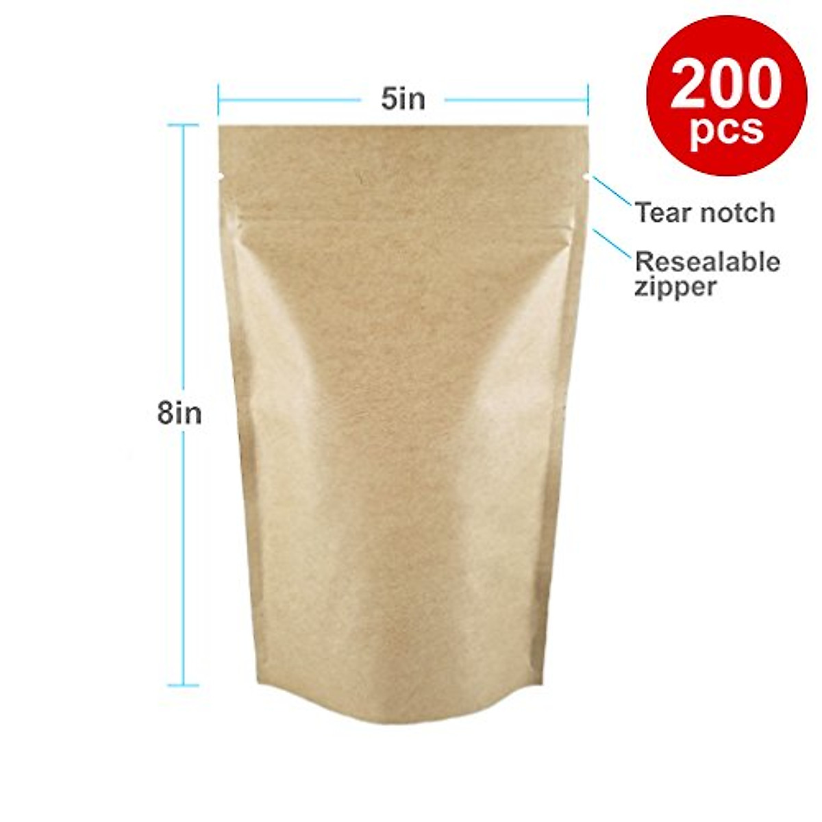Kraft Stand Up Pouch with Zipper, Notch for Food Storage 5 X 8 X 2.5 inches (4oz) 200 pcs