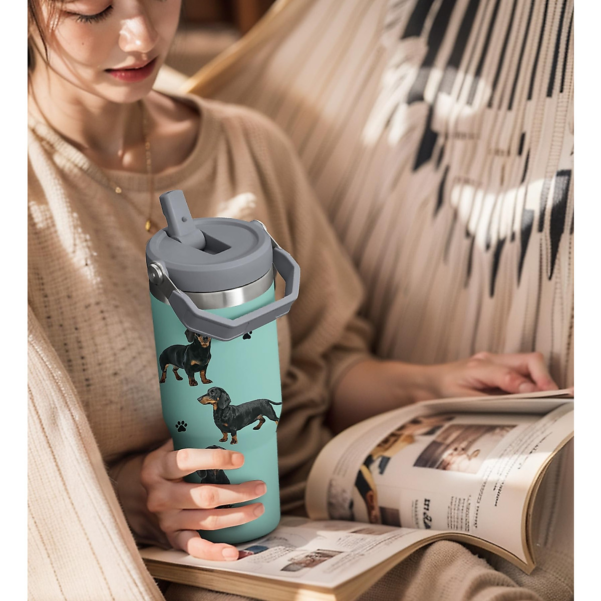 Caiibaoob Dachshund Tumbler for Dachshund Owners, 30oz Stainless Steel Vacuum Insulated Water Bottle (Dachshund-Seaform)