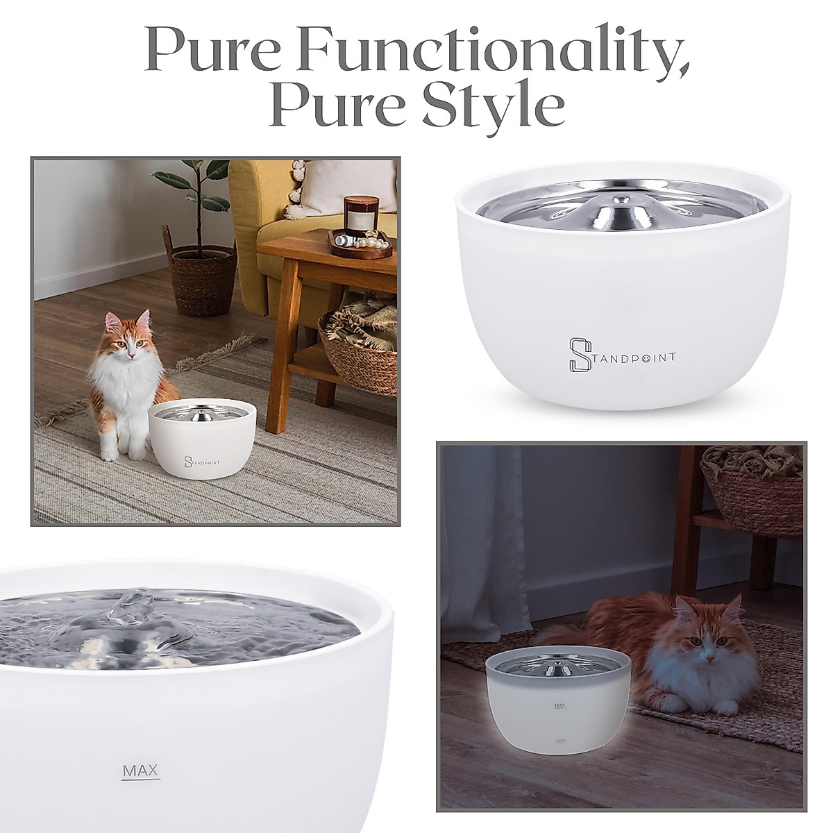 Standpoint Cat Water Fountain, 3L Ultra-Quiet Stainless Steel with White Bowl Dog & Cat Water Dispenser with Filter – Perfect for Pet Hydration