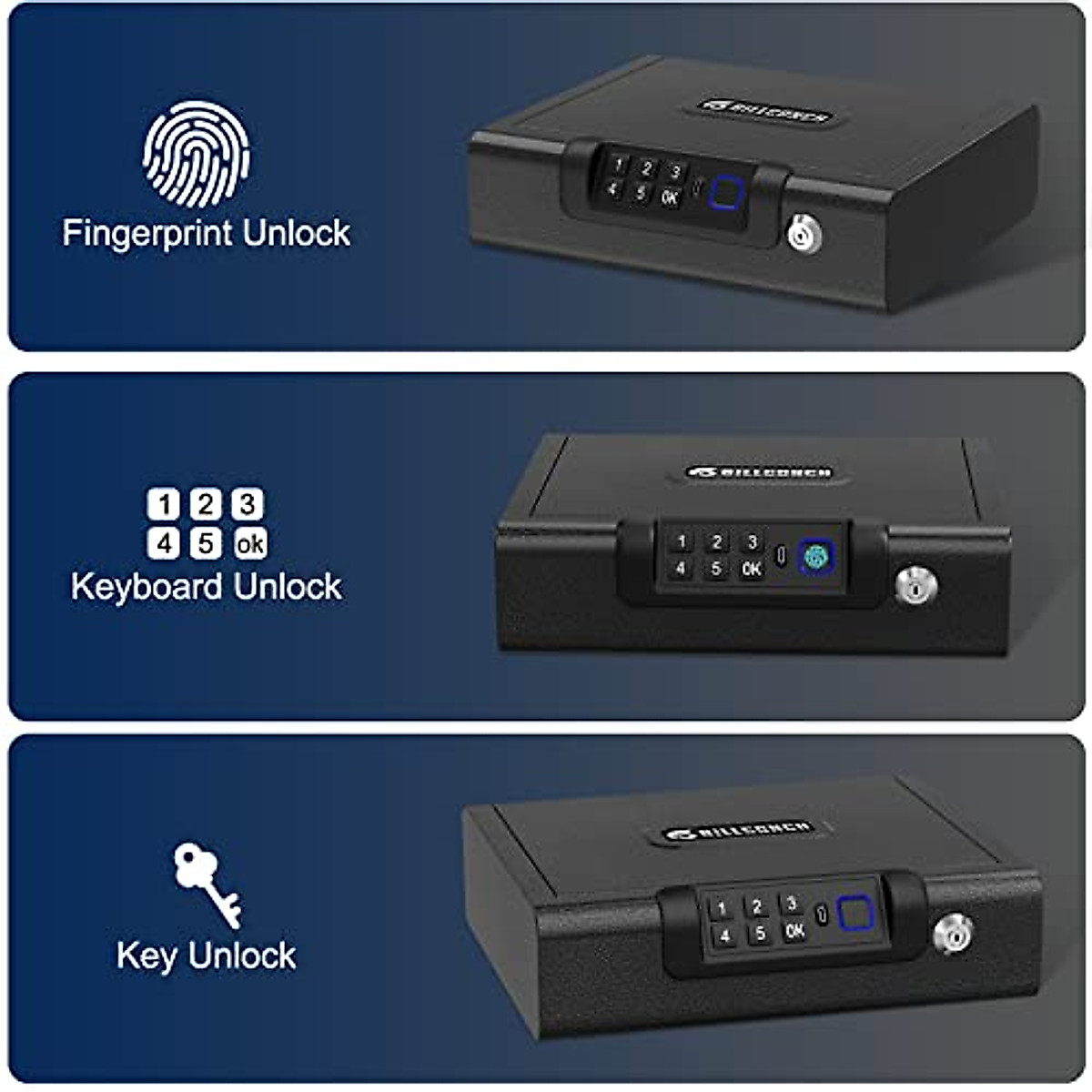 BILLCONCH Gun Safe,Biometric Gun Safe for Handgun 3-Ways unlock Safe | Fingerprint | Digital PIN | Key Unlock with Voice Guide Pistol Safe for Cloakroom living room Bedroom Nightstand and Car