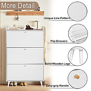 Henf White Wood Shoe Cabinet,Freestanding Shoe Rack Storage Organizer with 3 Flip Drawers and Wood Legs,Modern Slim Shoe Storage Cabinet for Entryway,Hallway