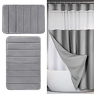 Yimobra Memory Foam Bath Mat Set & Yimobra Waffle Weave Shower Curtain Set with Snap-in Fabric Liner, Heavyweight Fabric with 12 Hooks