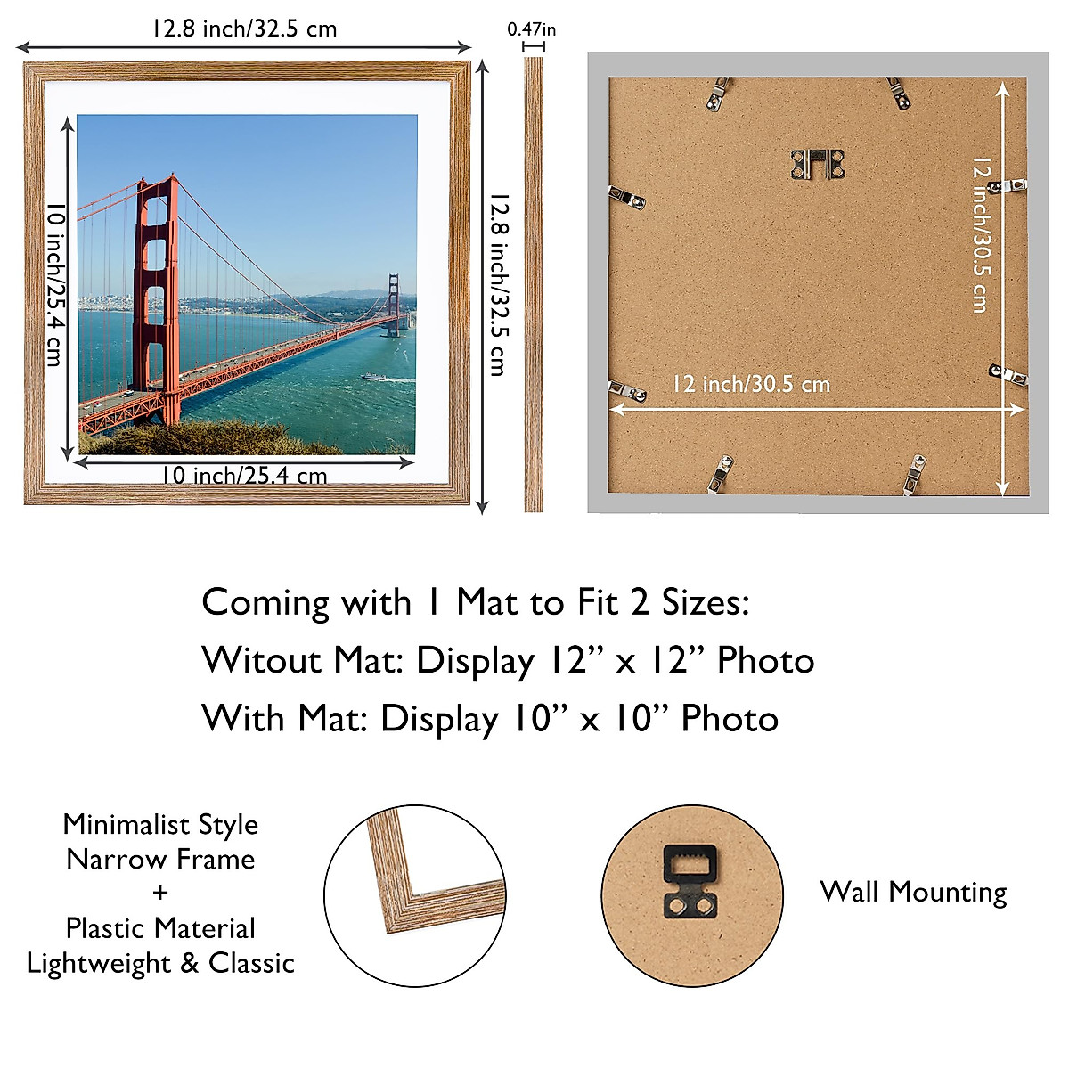 HEYTUYA 12x12 inch Picture Frame Rustic Brown for Wall Hanging, Poster Frame Display 10x10 inch with Mat or 12x12 Without Mat, Square Wall Gallery Photo Frame with Durable Shatter Resistant Plexiglas,