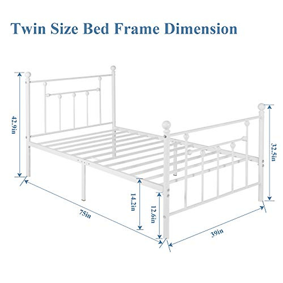 VECELO Twin Size Metal Platform Bed Frame with Headboard and Footboard, Sturdy Steel Slat Support/No Box Spring Needed Mattress Foundation/Easy Assemble，Victorian Style, Pure White