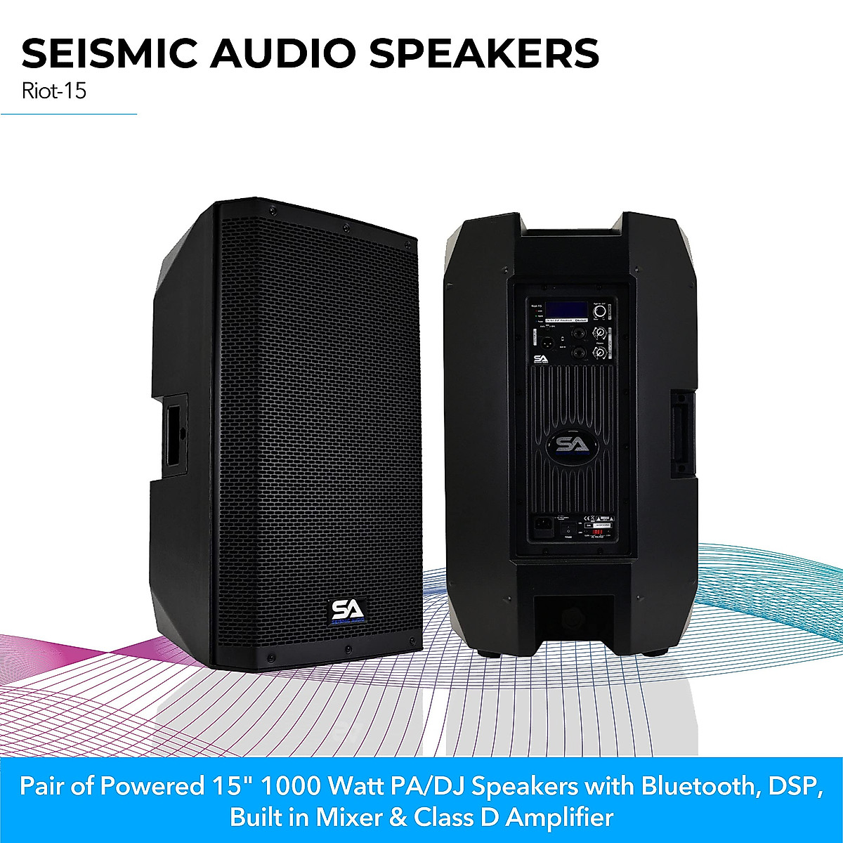 Seismic Audio Speakers Riot-15, Pair of Powered 1000 Watt PA/DJ Speaker with Bluetooth, 15 Inch Speaker, DSP, Built in Mixer & Class D Amplifier
