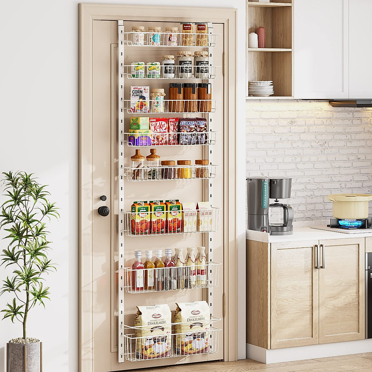 1Easylife Over The Door Pantry Organizer, 8-Tier Adjustable Baskets Pantry Organization, Metal Door Shelf with Detachable Frame, Space Saving Hanging Spice Rack for Kitchen Pantry Bathroom, Off White