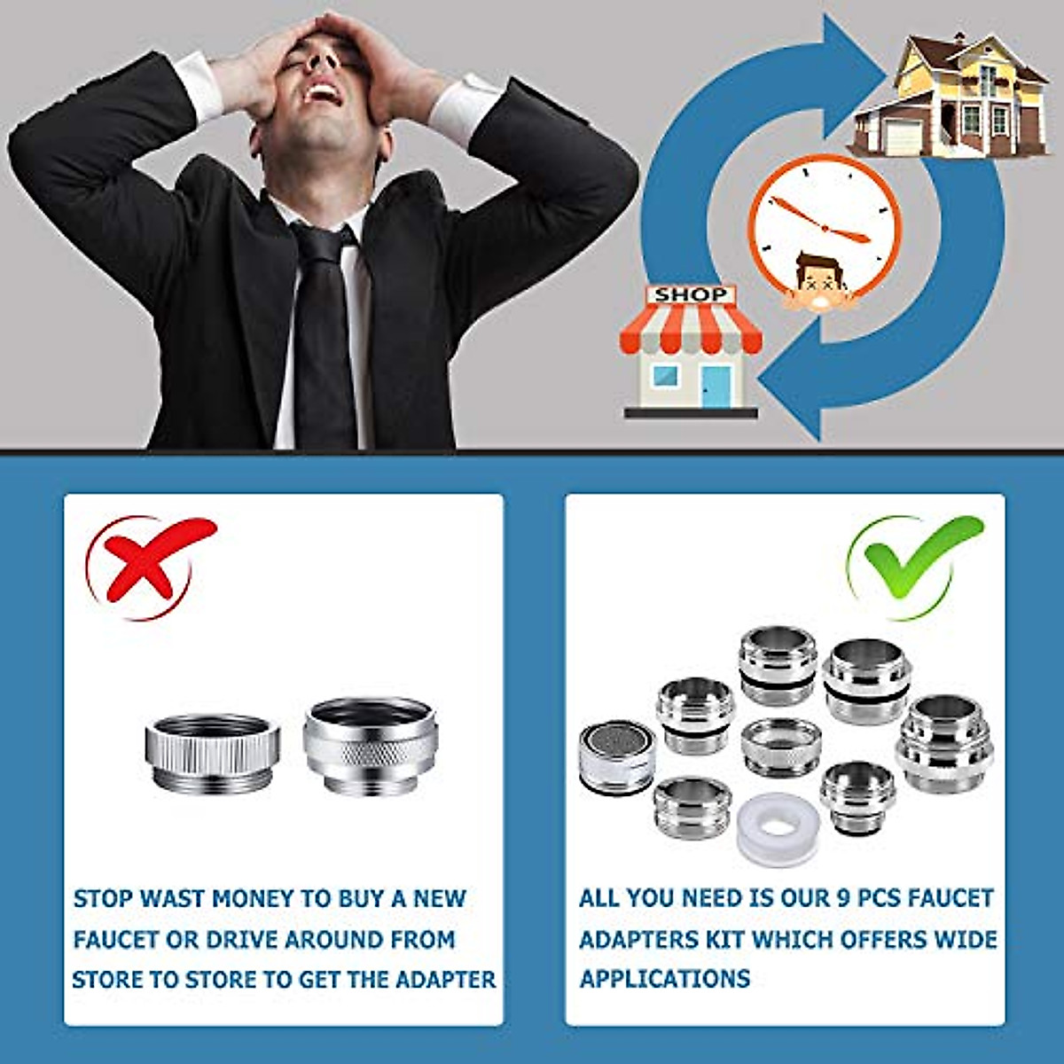 9 Pieces Faucet Adapter Kit, Brass Aerator Adapter Male Female Kitchen Sink Faucet Adapter to Garden Hose, Water Filter, Standard Hose via Diverter with Faucet Aerator and Thread Seal Tape