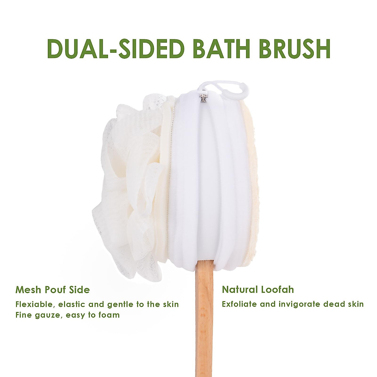 Shower Body Scrubber with Curved Long Handle, Dual-Sided Brush with Soft Mesh and Natural Loofah for Skin Exfoliating, Back Body Exfoliator for Bath