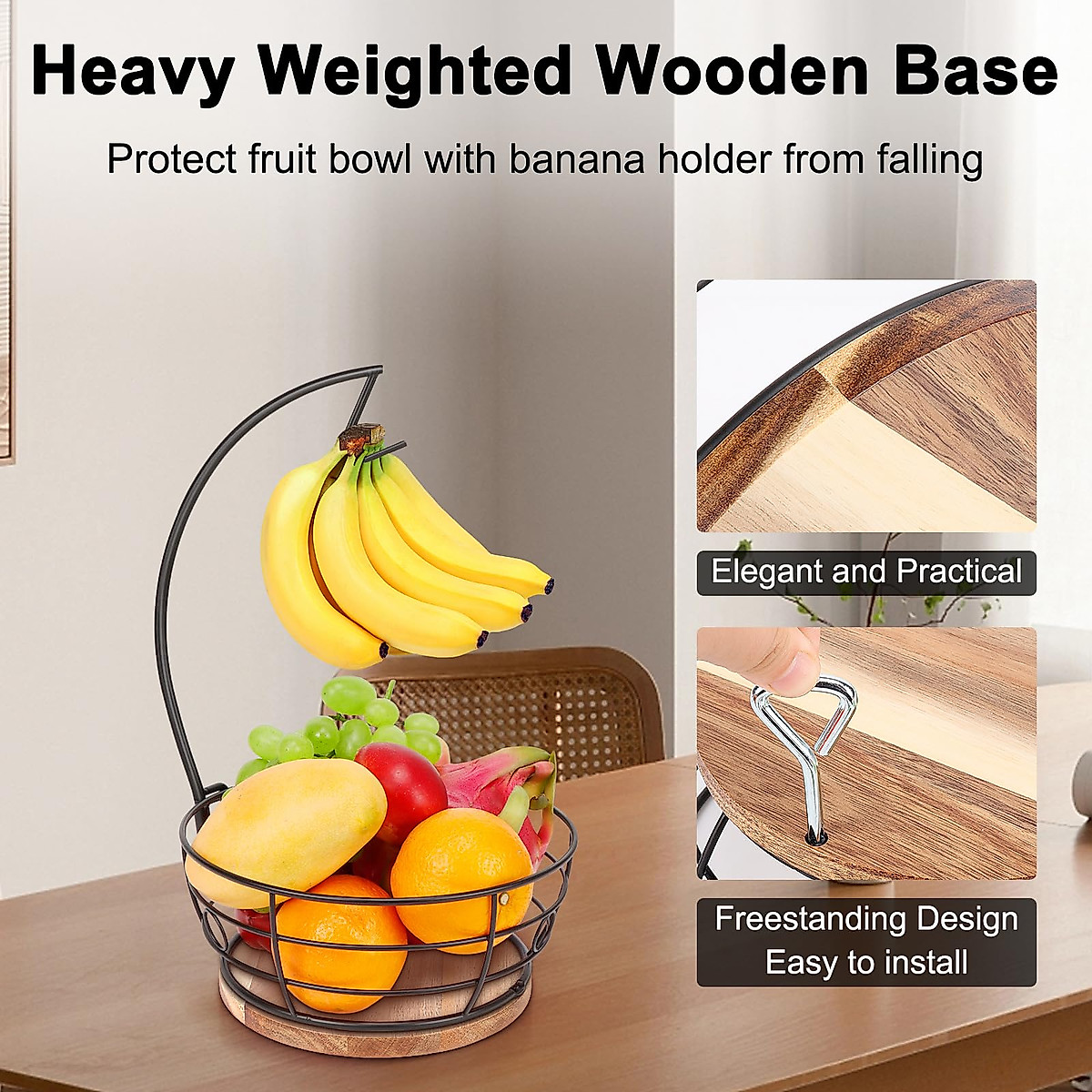 Livabber Countertop Fruit Basket Bowl with Banana Hanger, Modern Standing Fruit Vegetable Bowl Storage, with Banana Tree Holder for Kitchen Dinning Table (Round Wood, Black)