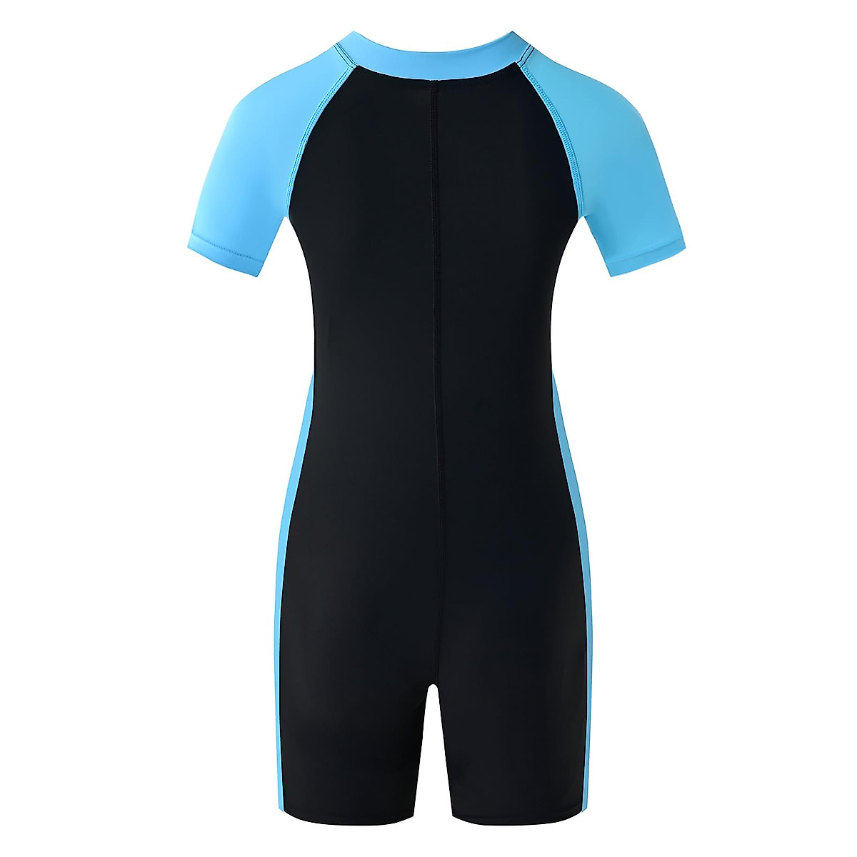 karrack Girls and Boys One Piece Rash Guard Swimsuit Kid Water Sport Short Swimsuit UPF 50+ Sun Protection Bathing Suits Black- Blue (Size 8-10Years)