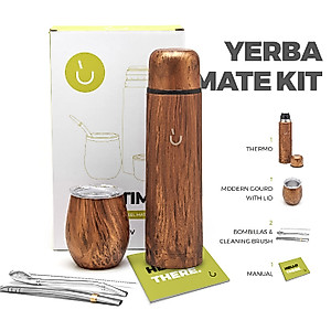 BALIBETOV Complete Yerba Mate Set - Modern Mate Gourd, Thermos, Bombilla and Cleaning Brush Included - All Premium Quality 304 18/8 Stainless Steel (Wood)