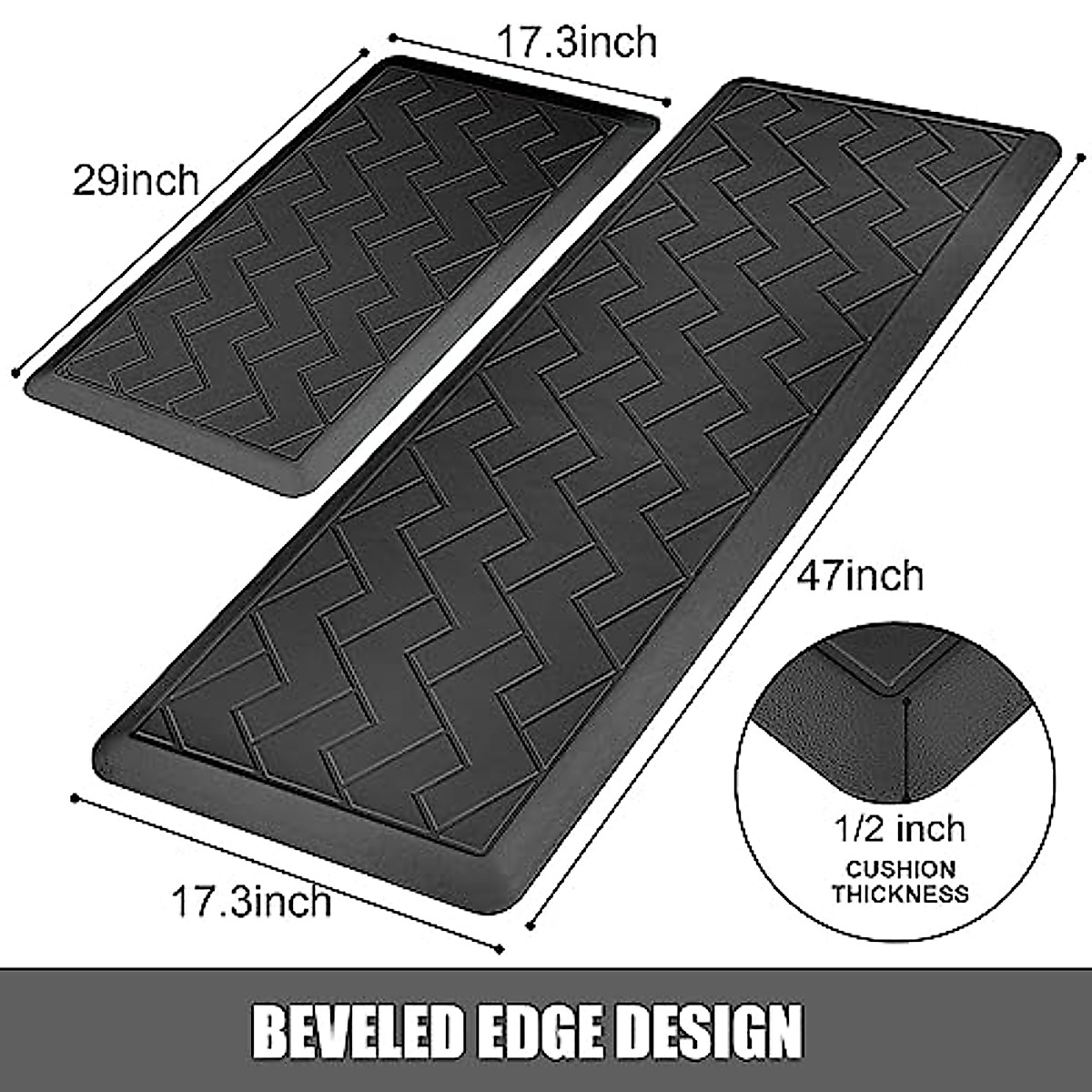 WEZVIX Non-Skid Kitchen Rugs and Mats Waterproof, Anti Fatigue Kitchen Mat 2 PCS, 1/2 Inch Thick Kitchen Floor Mat, Ergonomic Comfort Foam Standing Mat for Floor, Office, Sink, Laundry - Black