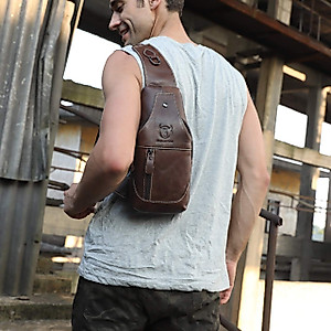 Genuine Leather Sling Bag,Full Grain Leather Casual Crossbody Shoulder Chest Bag Travel Hiking Vintage Day Pack Backpacks for Men (Brown)