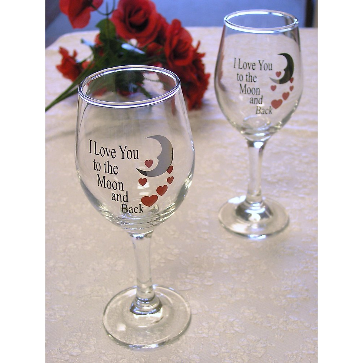 BANBERRY DESIGNS - Set of 2 Wine Glasses - I Love You to the Moon and Back Design with Red Hearts - 14 oz