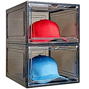 verklale Hat Organizer Box for Baseball Caps (2 Pack) - Transparent Hat Display, Stackable Dust Hat Rack with Magnetic Door, Easy to assemble stylish hat stand for stylish hat display, Black