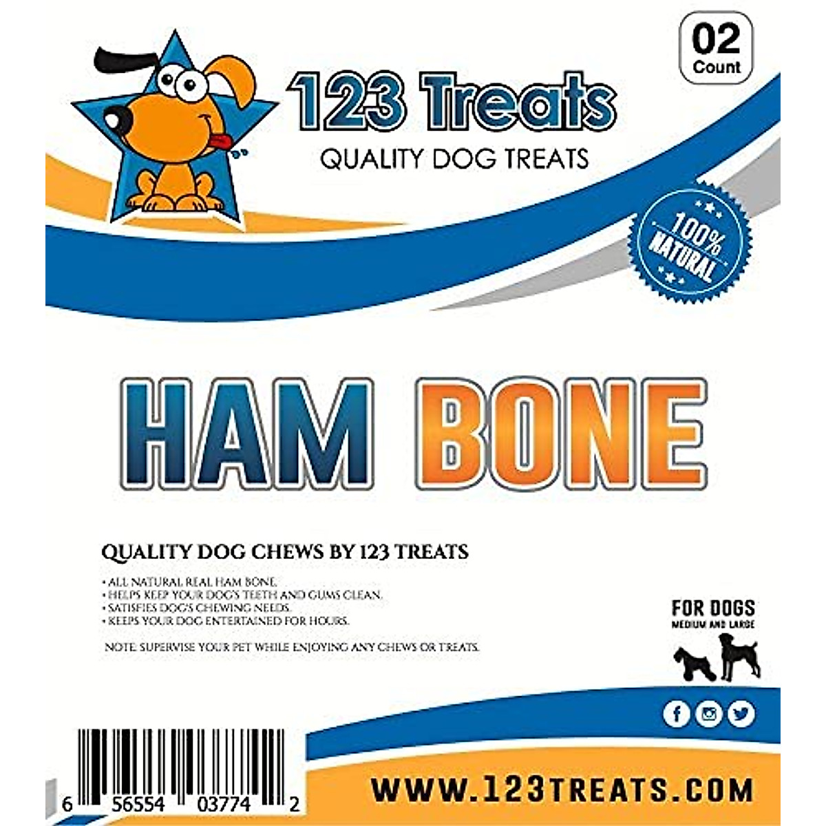 123 Treats - Meaty Dog Bone Treat - Large 100% Natural Pork Chews for Dogs Dog Bones for Aggressive Chewers (Pork, 2 Count)