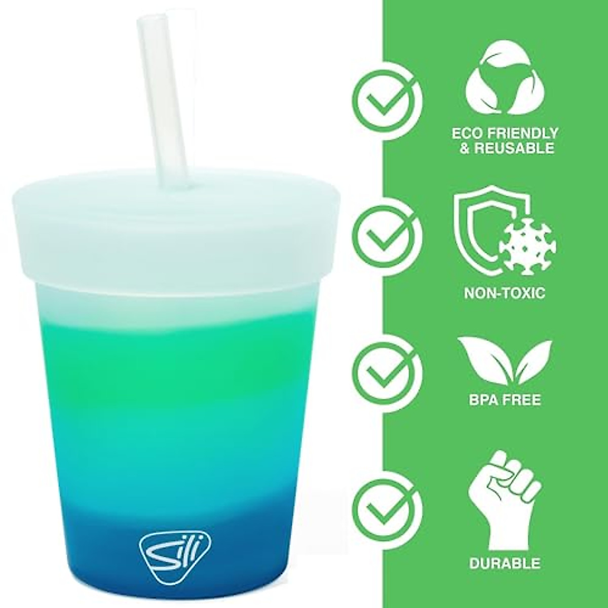 Silipint: Silicone Kids 8oz Straw Tumblers: 2 Pack - Moon Beam & Mountain Air -Unbreakable Cups, Sustainable, Airtight Lid, Flexible