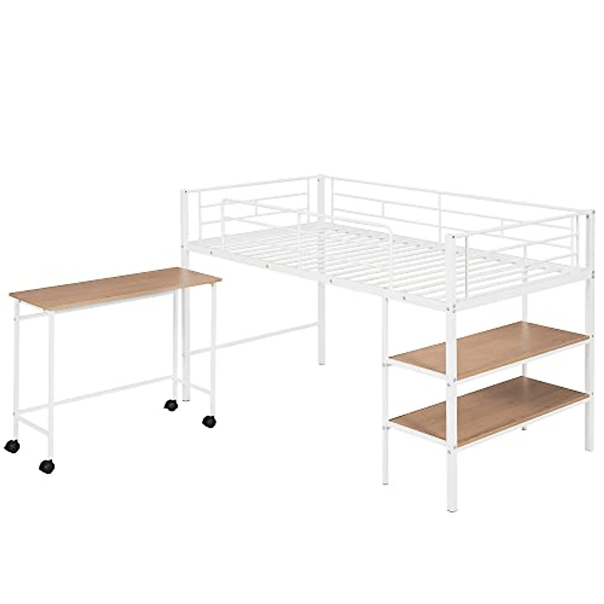Tdewlye Multifunctional Design Twin Size Metal Loft Bed with Desk and Shelves, for Girls,Boys,Kids,Teens, (White-@66)
