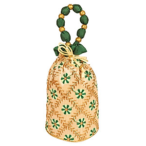INDTRESOR beaded handcrafted embroidered evening purse drawstring handbag vintage party wedding gift for women. Green Gold