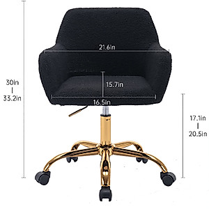 Modern Faux Fur Home Office Chair, Upholstered Swivel Chair Makeup Vanity Chair for Teen Girls Swivel Desk Chair with Gold Base, Height Adjustable Leisure Elegant Office Chair, Black