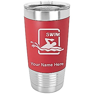 LaserGram 20oz Vacuum Insulated Tumbler Mug, Swimming, Personalized Engraving Included (Silicone Grip, Red)