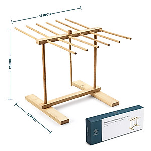 8SOM Bamboo Pasta Drying Rack with Transfer Wand and 12 Bars, Easy to Transfer for Drying Pasta and Cooking, Special Suspension Design for Large Storage