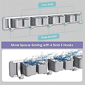 2 Pack Mop Broom Holder Wall Mount, Garden Tool Storage Organizer, Wall Hanger Hooks Rack for Home, Metal Aluminum Garage Laundry Room Organization and Storage, Silver (4 Slots&5 Hooks)