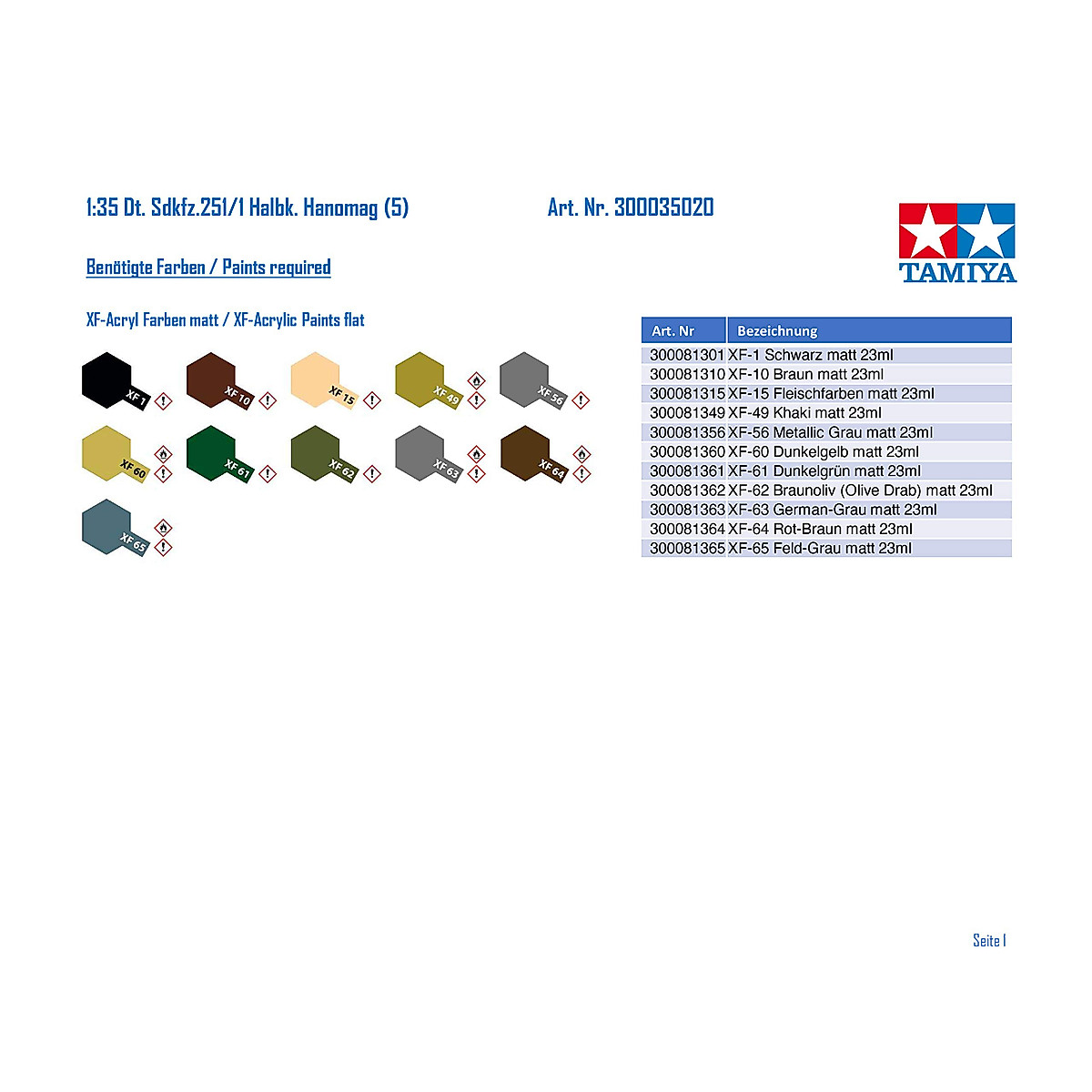 Tamiya 35020 1/35 German Hanomag SDKFZ 251/1 Plastic Model Kit