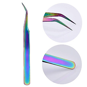Aysekone 2 Pcs Rainbow Stainless Steel Curved Tweezers + Straight Tweezer for Rhinestones Picker Eyebrow Eyelash Tweezers Manicure Nail Art Tools