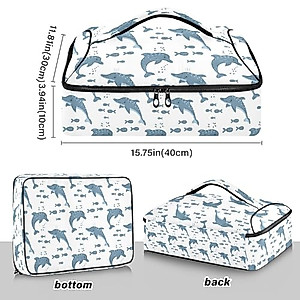 Kcldeci Insulated Thermal Food Carrier Insulated Casserole Carrier for Hot or Cold Food,Dolphins and Fish on A White Insulated Tote Bag for Potluck Cookouts Parties Picnic,Lasagna Lugger