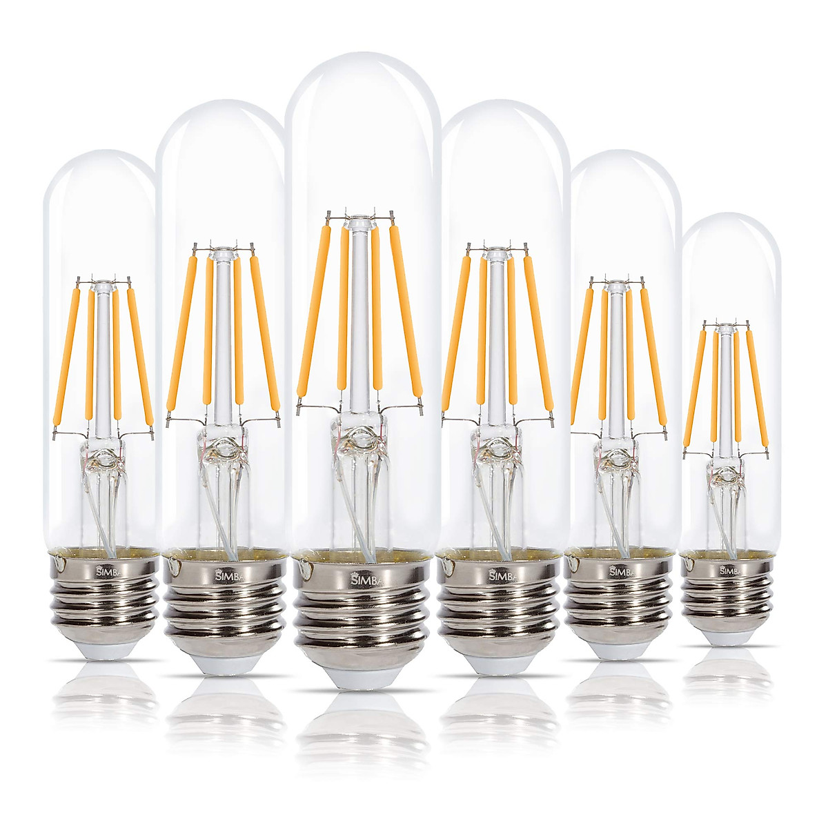 Simba Lighting LED T10 Tubular Edison Filament Light Bulbs (6 Pack) 4W Dimmable 40W Equivalent 120V for Cabinet Display, Piano Lamps, Clear Glass Decorative, Standard Medium E26 Base, Warm White 2700K