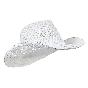 EOZY Men & Women's Summer Cowboy Cowgirl Straw Hat Hollow Out Woven Roll Up Wide Brim Hat/White