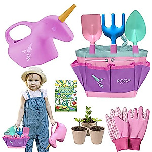 ROCA Home Pink Kids Tools. Summer Outdoor Toys for Girls. Unicorn Gifts for Girls. Gardening Gloves and Unicorn Watering Can- Outdoor Toys for Girls