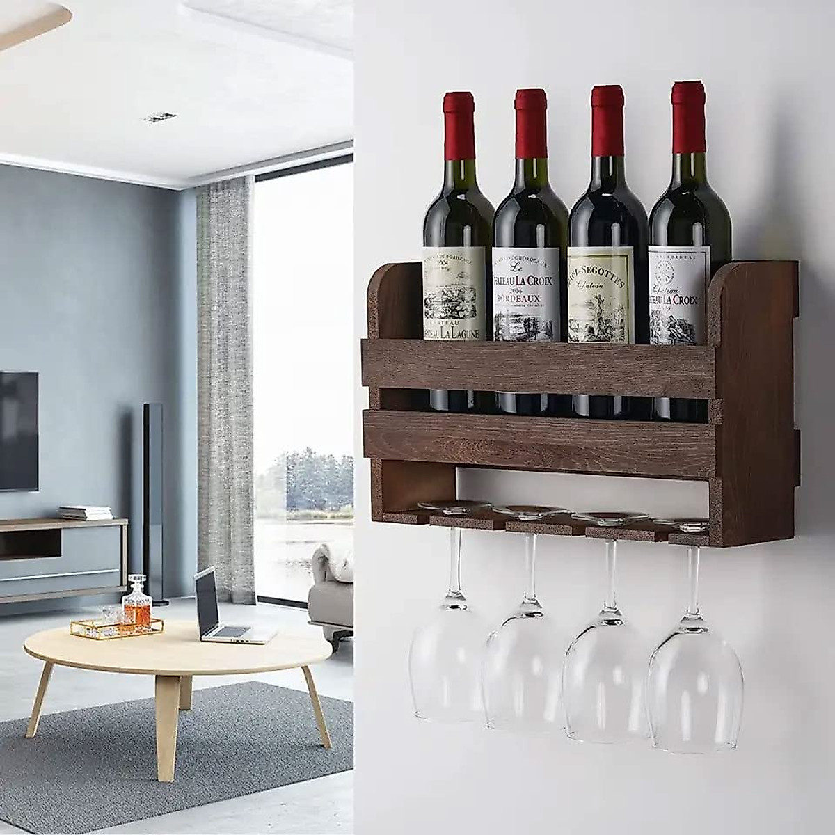 Wall Mounted Wine Rack Storage Shelf | Holds Up to 5 Bottles and 4 Glasses | Easy Mount Hanging Glass and Bottle Holder Organizer Wooden Shelves Modern Display for Home and Kitchen - Rustic Brown